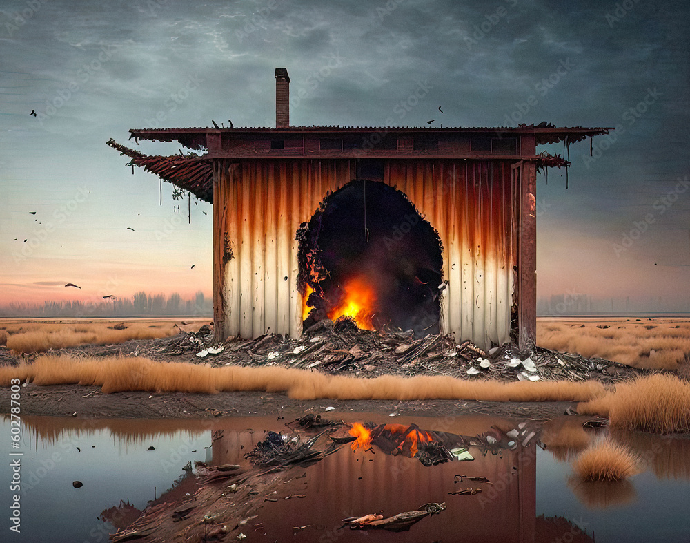 Explosion and burning fire in small building at night. generative ai ...