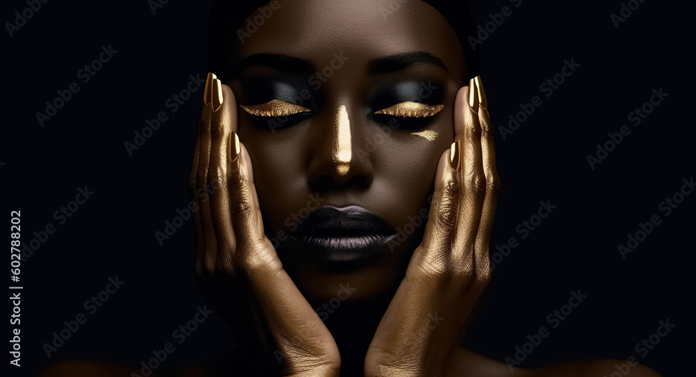 Fashion art. Beauty African woman painted in black gold skin color body ...