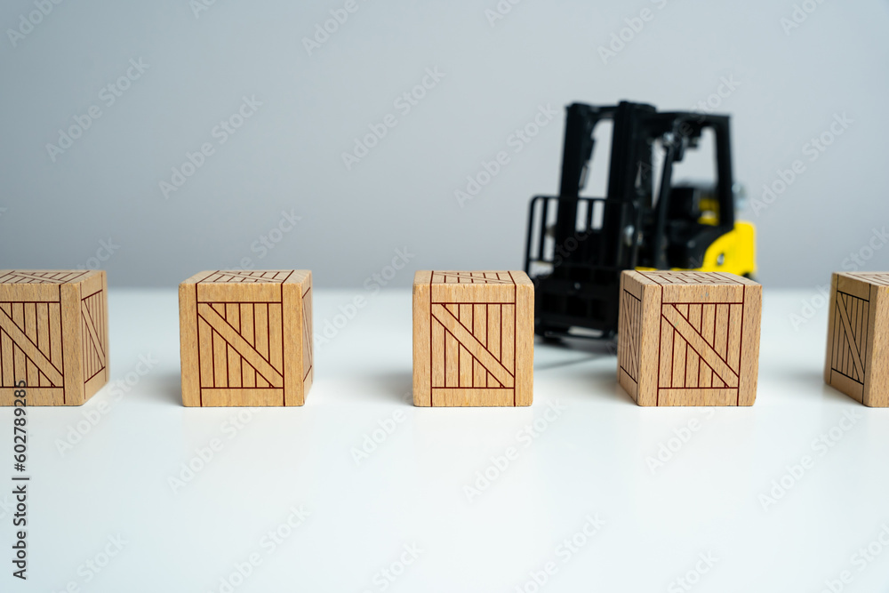 Wooden crates and forklift. Production and freight of goods. Transport ...