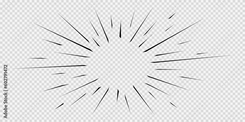 Black radial lines on transparent background. Boom, burst, explosion ...
