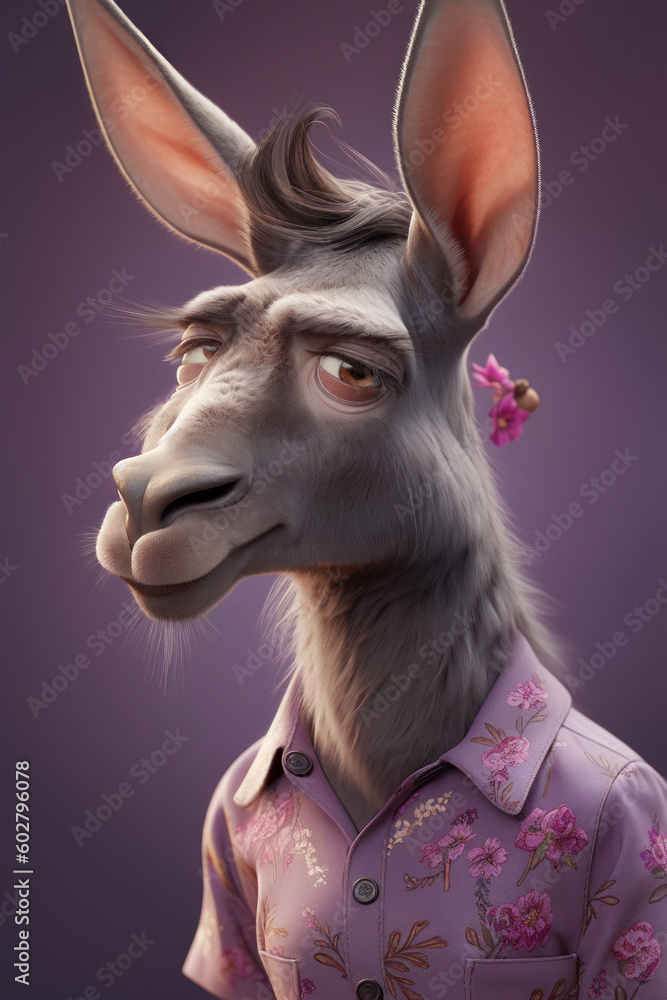 Anthropomorphic donkey dressed in human clothing. humanized animal ...