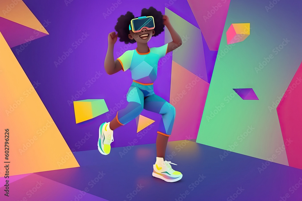 AI generated illustration of cartoon black girl in VR headset dancing with opened mouth happily ...