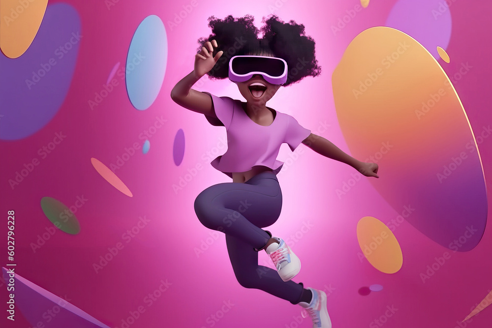 AI generated illustration of cartoon black girl in VR headset jumping with opened mouth happily ...