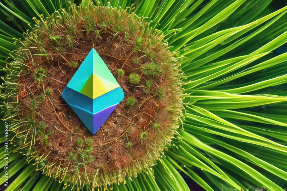 Ethereum logo on vibrant green grass, representing the concept of eco ...
