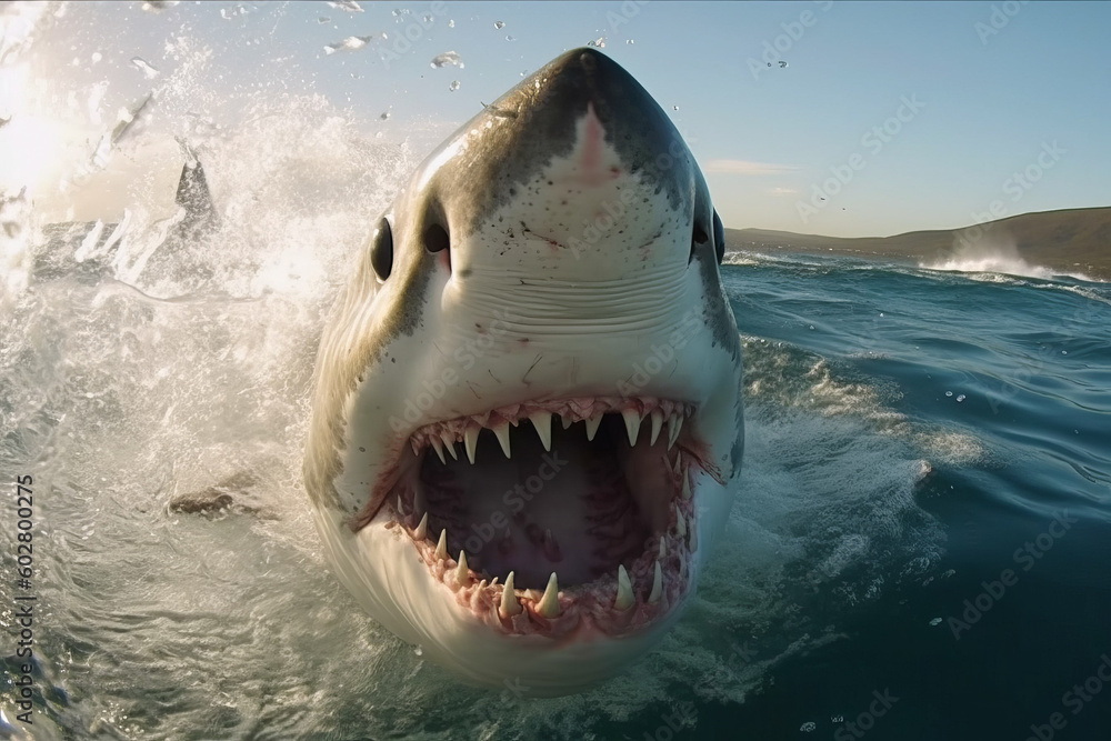 Photorealistic ai artwork of a great white shark lunging at or ...