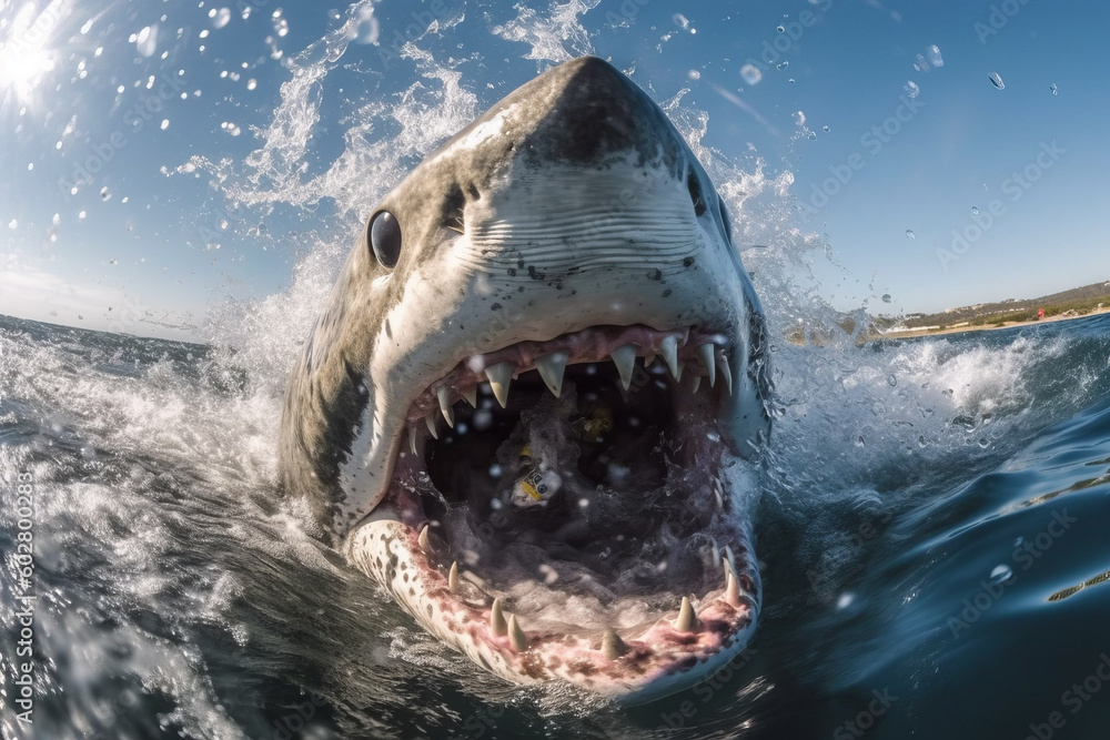 Photorealistic ai artwork of a great white shark lunging at or ...