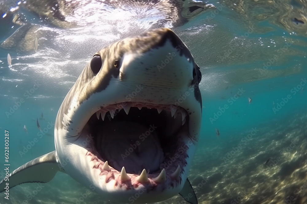 Photorealistic ai artwork of a great white shark lunging at or ...