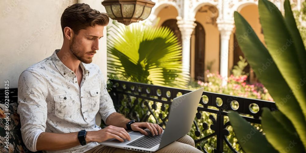 Business person using laptop computer in luxury hotel lobby candid view ...