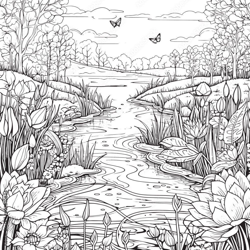 coloring page with a lake view and garden in garden for adults, in the ...