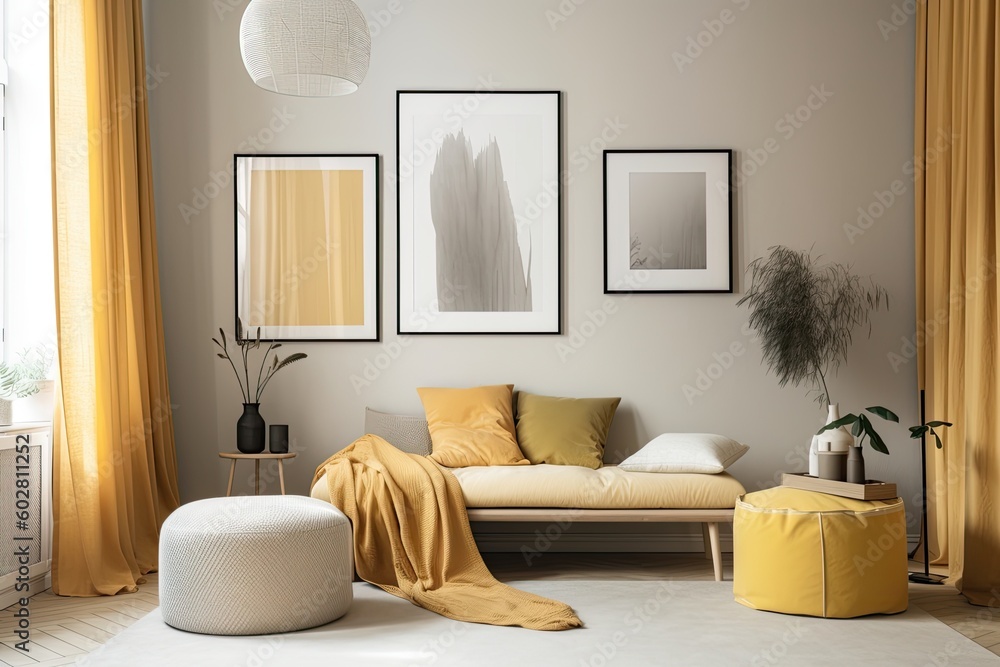 Single frame gallery wall in a pale yellow tint, a monochromatic flat ...