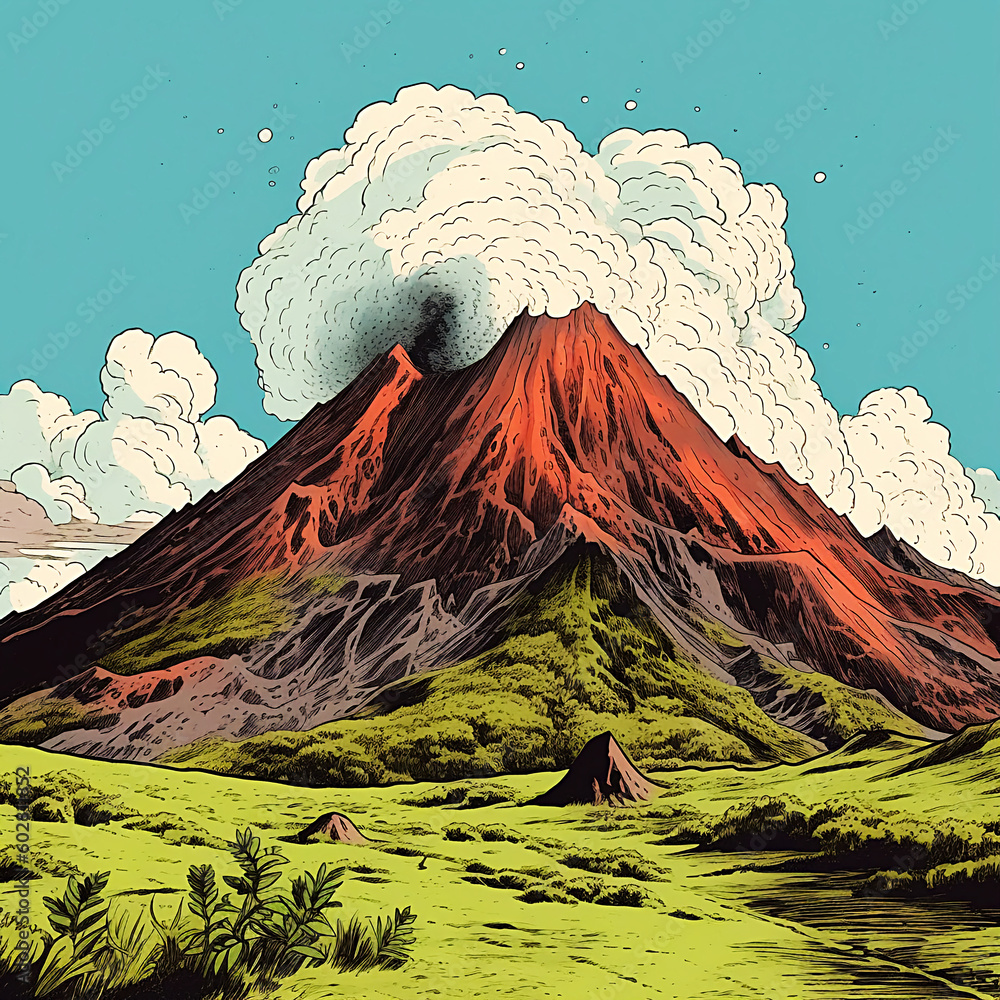 Cartoon Illustration of a Cinder Cone Volcano with Giant Smoke and Lava ...