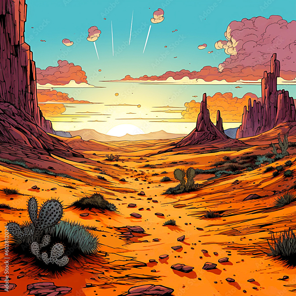 Cartoon Illustration of a Desert Morning Sunrise in Hot Summer with ...