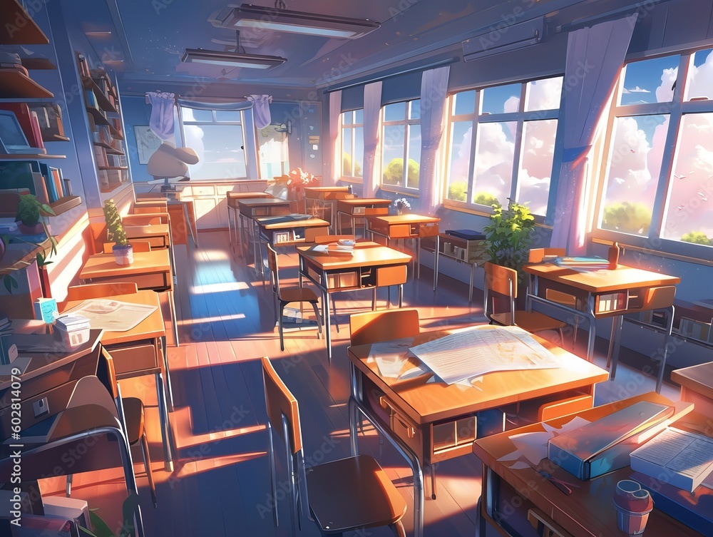 Interior design of a classroom in anime style and vibrant colors ...