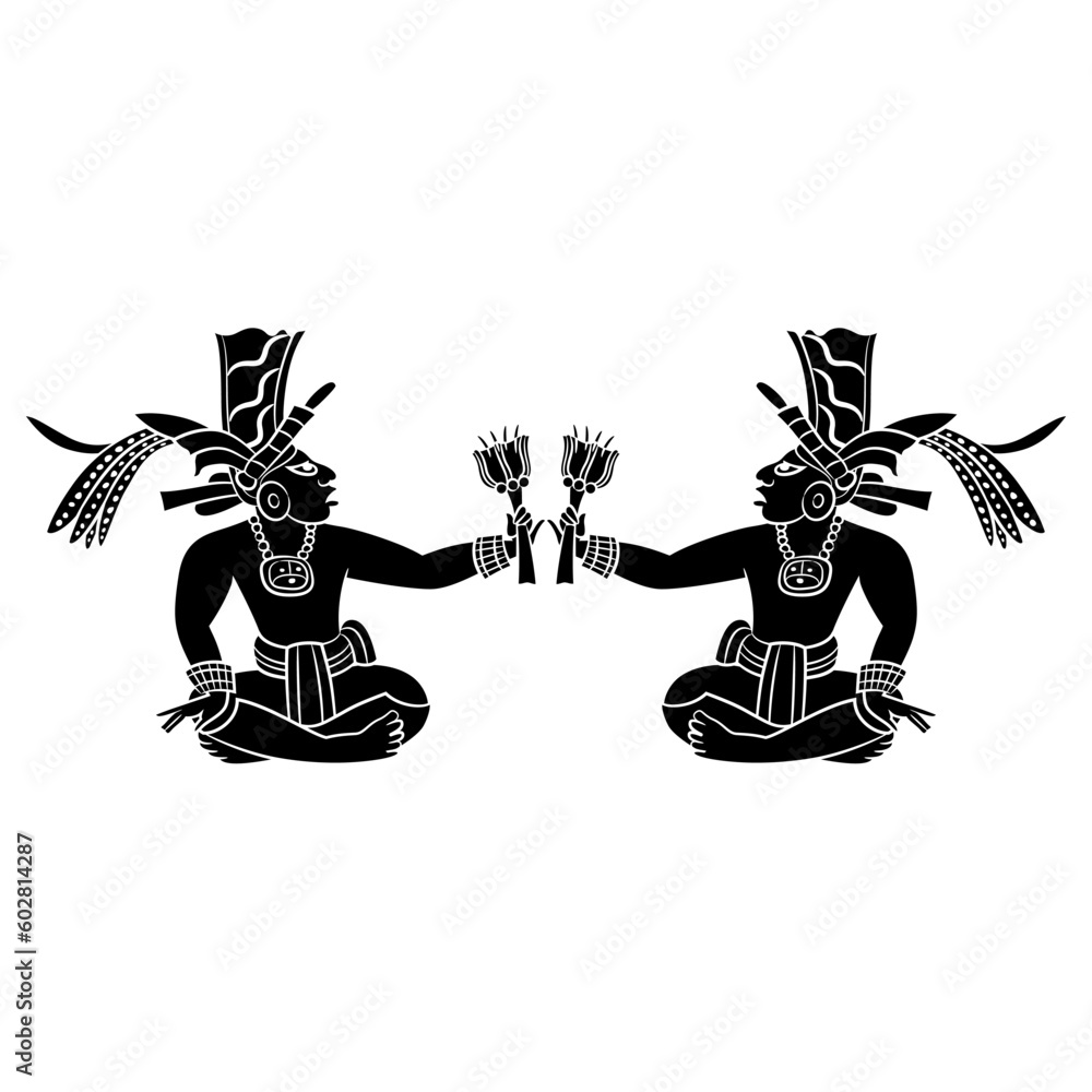 Symmetrical ethnic design with two sitting ancient Mayan men holding ...