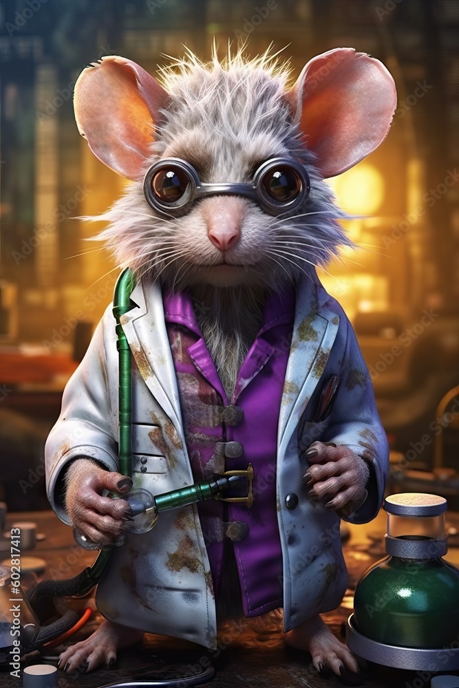 Rat mad scientist, realistic, colorful background, detailed portrait ...