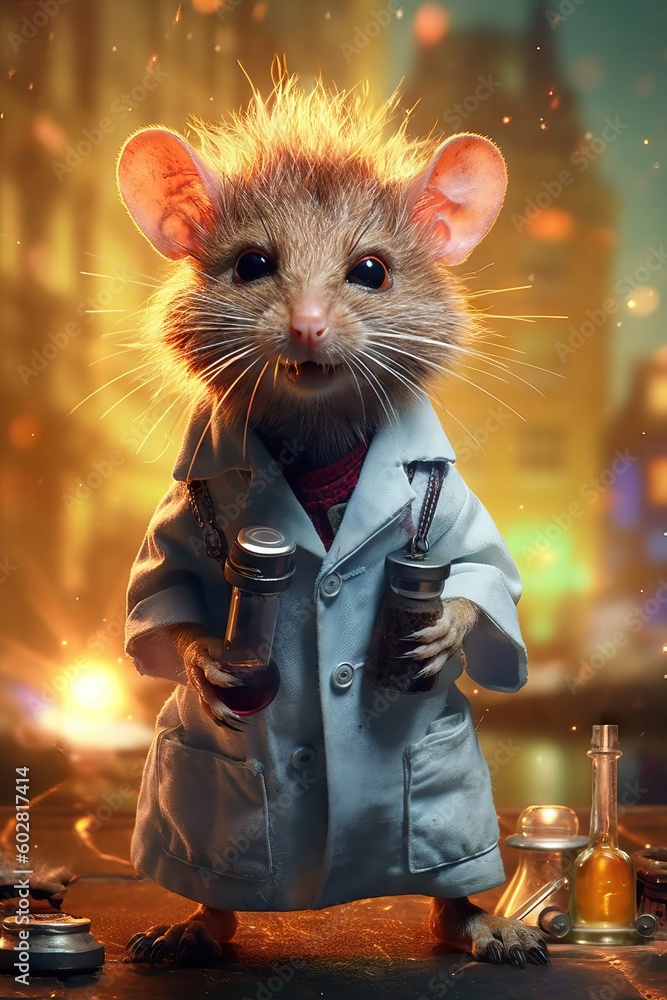Rat mad scientist, realistic, colorful background, detailed portrait ...