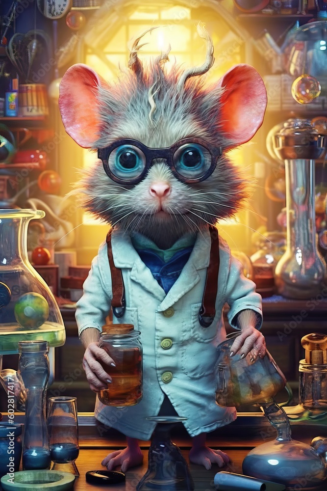 Rat mad scientist, realistic, colorful background, detailed portrait ...