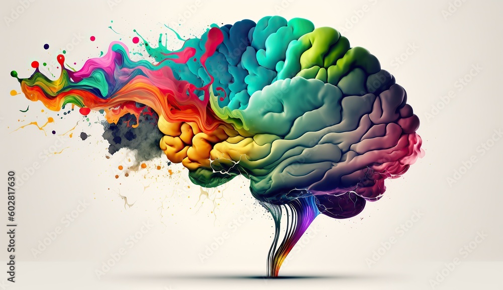 Rainbow human brain explosion, cognitive overload, creative inspiration ...