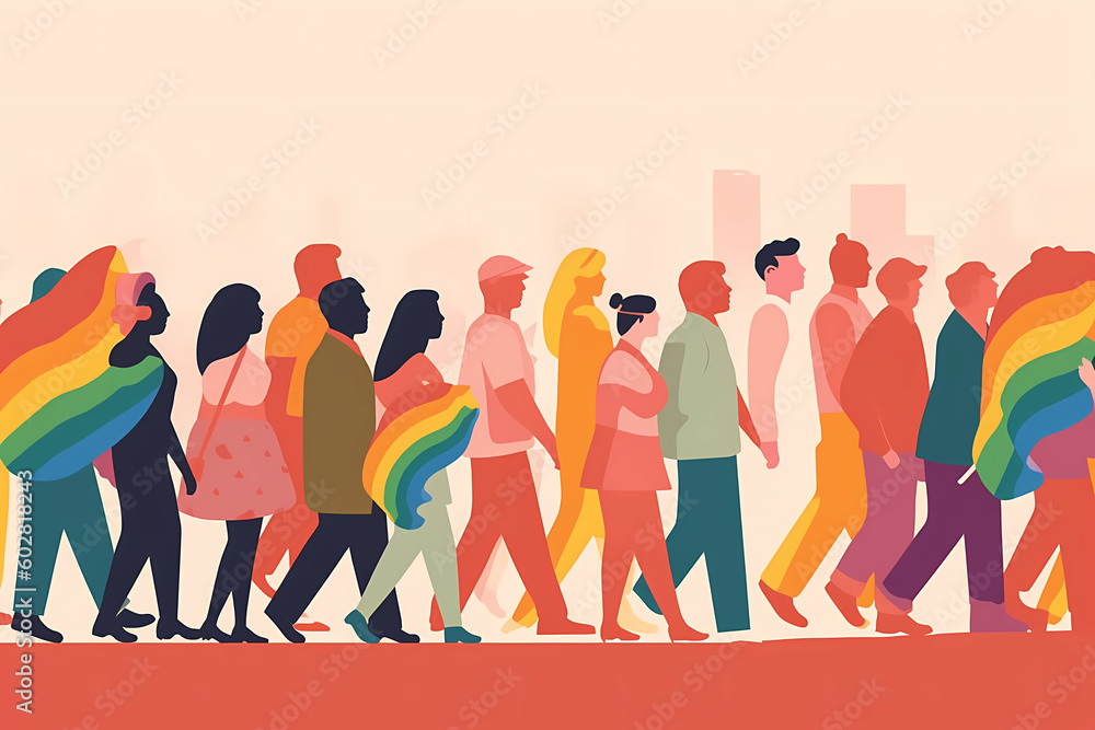 LGBTQ theme, Group of people walking with rainbow flags made with ...