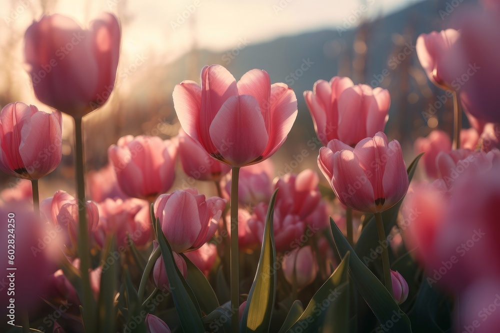 Cinematic view of a vibrant field filled with tulip flowers, the ...