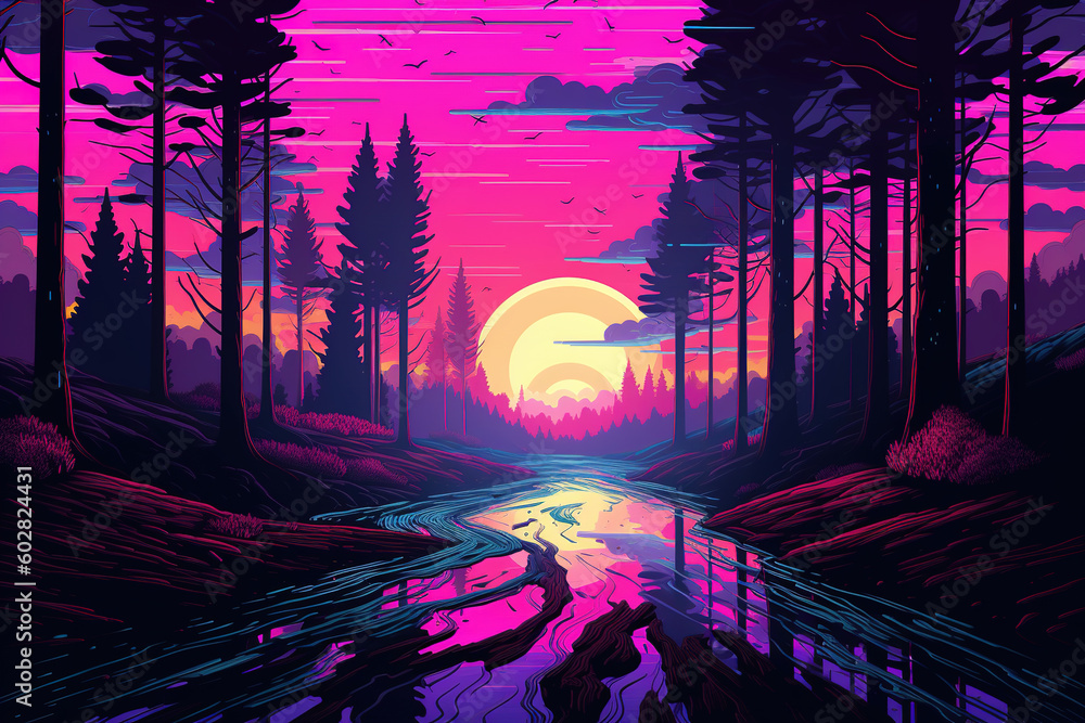 Colorful fantasy forest retrowave. Ai generated Stock Illustration ...