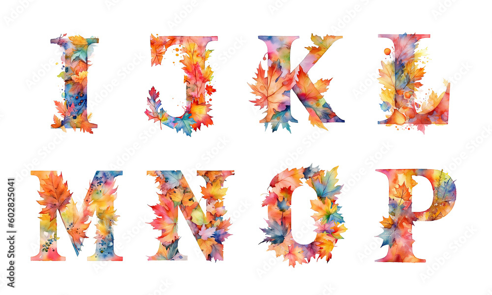 Watercolor cute letters with colorful autumn maple leaves on a white ...