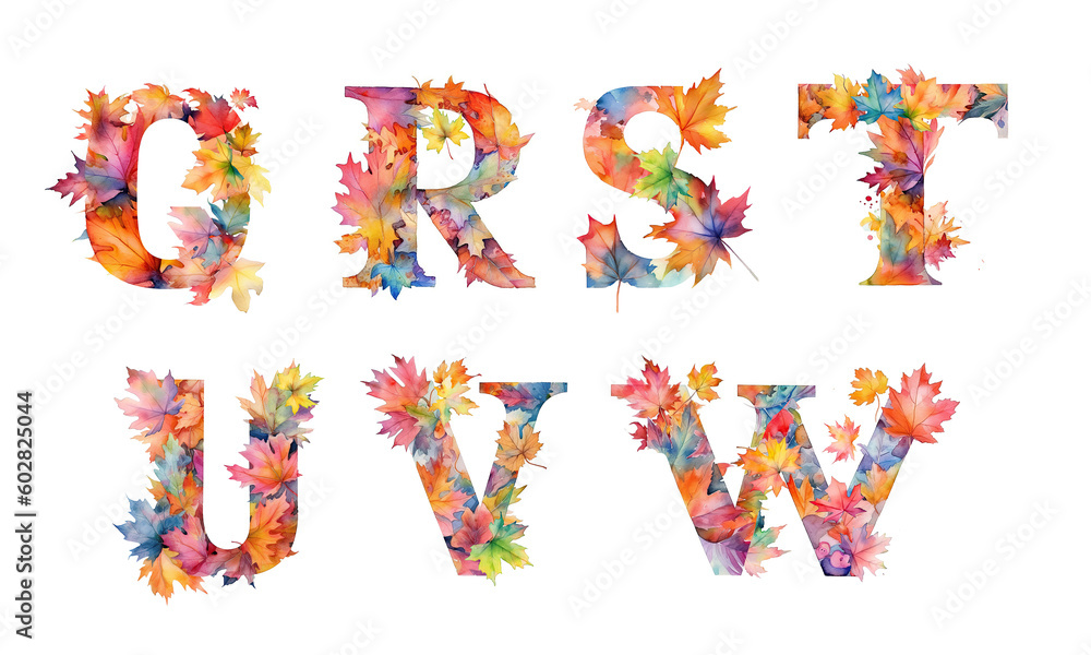 Watercolor cute letters with colorful autumn maple leaves on a white ...