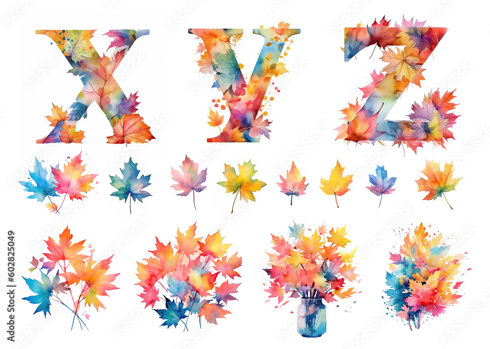 Watercolor cute letters with colorful autumn maple leaves on a white ...