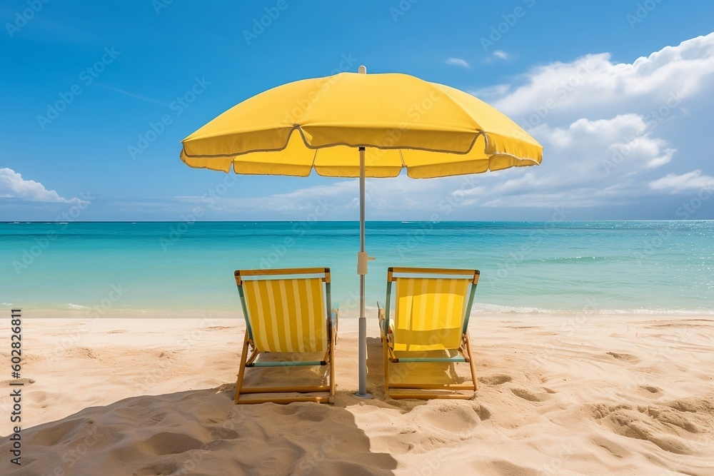 Bright yellow beach chairs and beach umbrella on a Caribbean blue beach ...