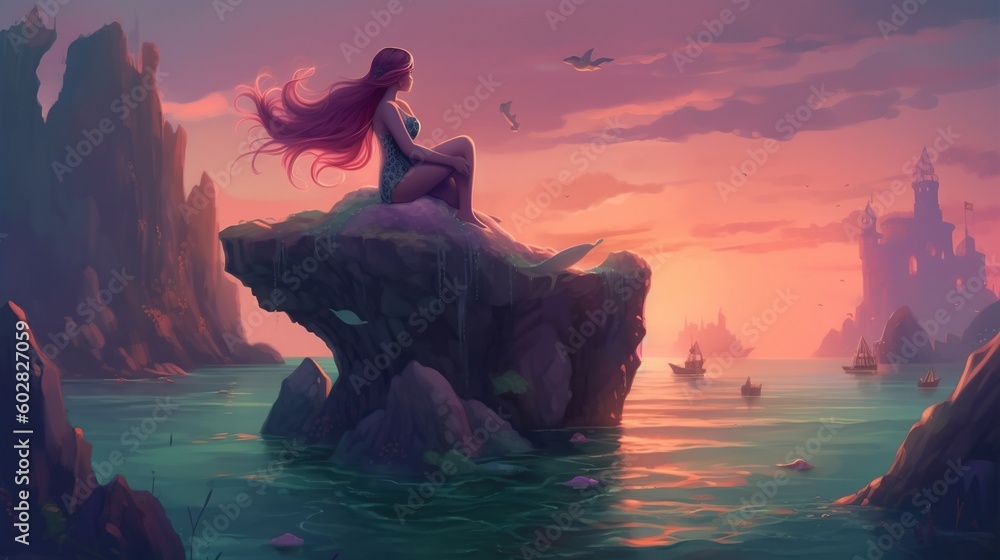 A mermaid princess sitting on a rock, surrounded by sea creatures ...