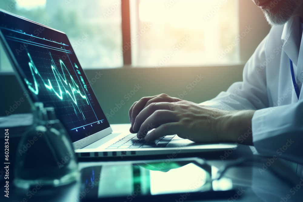 doctor intently analyzing health charts and graphs on a laptop. conveys ...