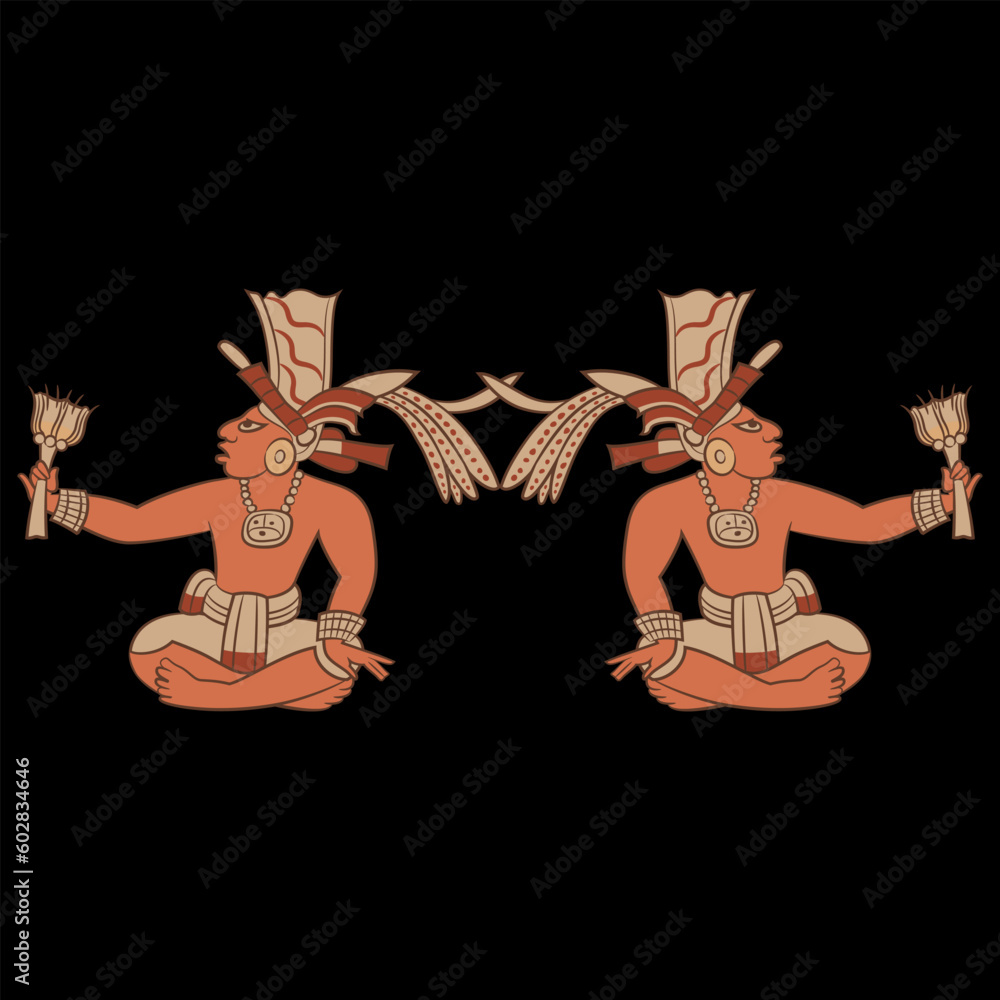 Symmetrical ethnic design with two sitting ancient Mayan men holding ...