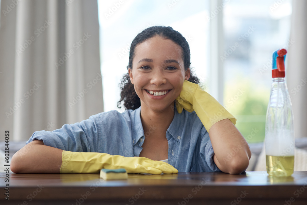 Woman, cleaner and smile in portrait with spray bottle, detergent or ...
