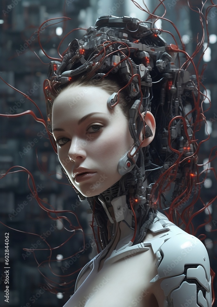 Portrait of cyber woman on the street of metropolis. Robot woman ...