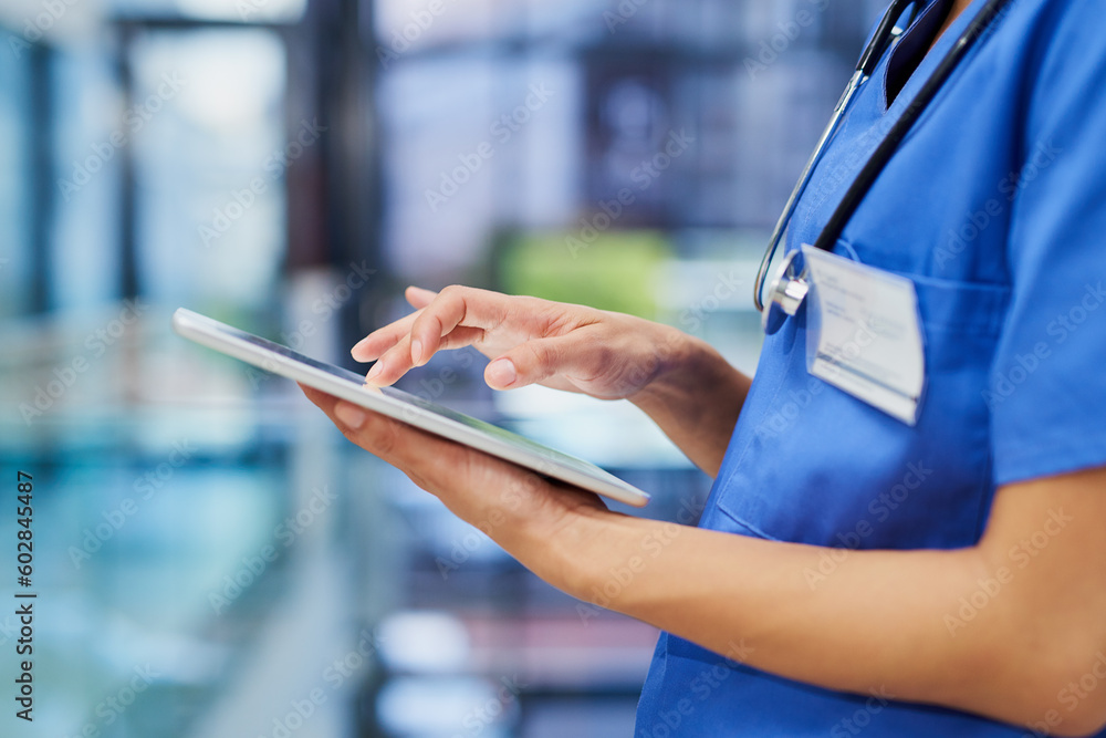 Nurse, hands and tablet, woman scroll through digital healthcare ...
