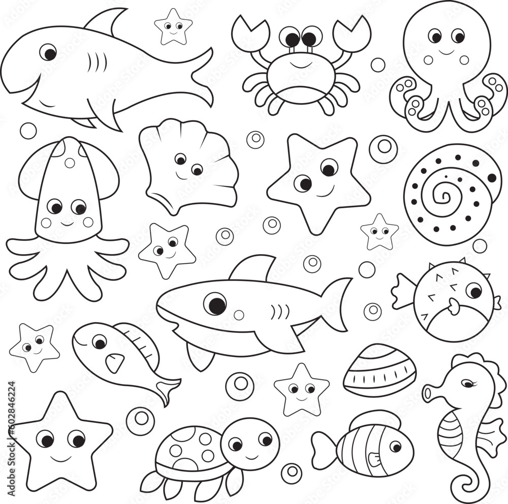 Lovely vector illustration with sea life.Black outline drawing perfect ...