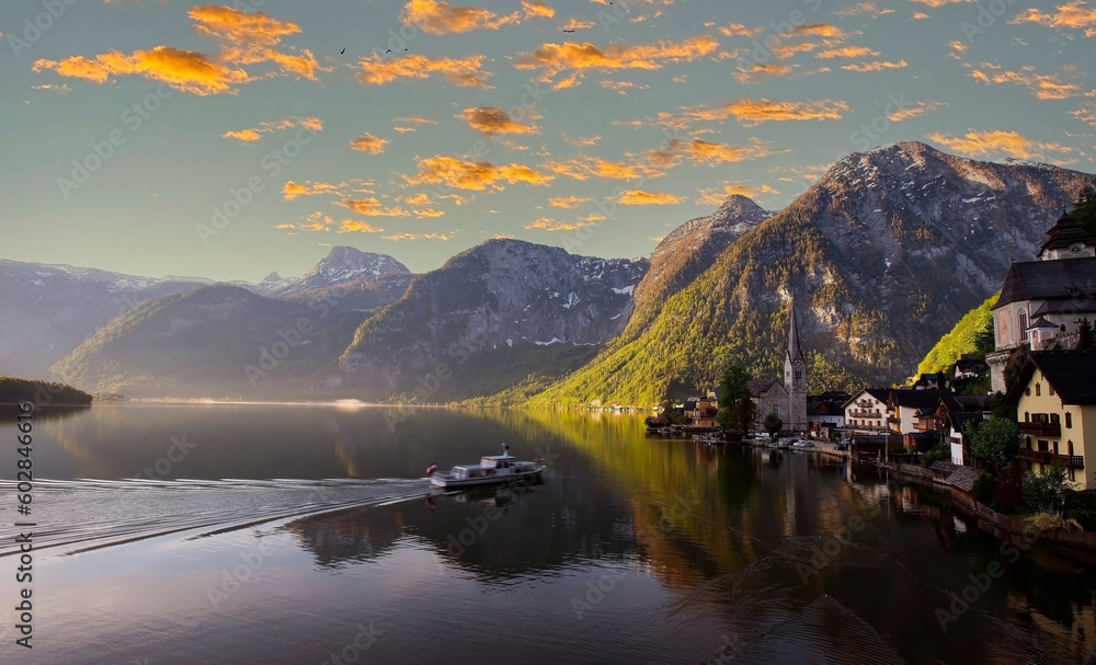 Landmark of tourist view in spring at Hallstatt, Austria. Mountain ...
