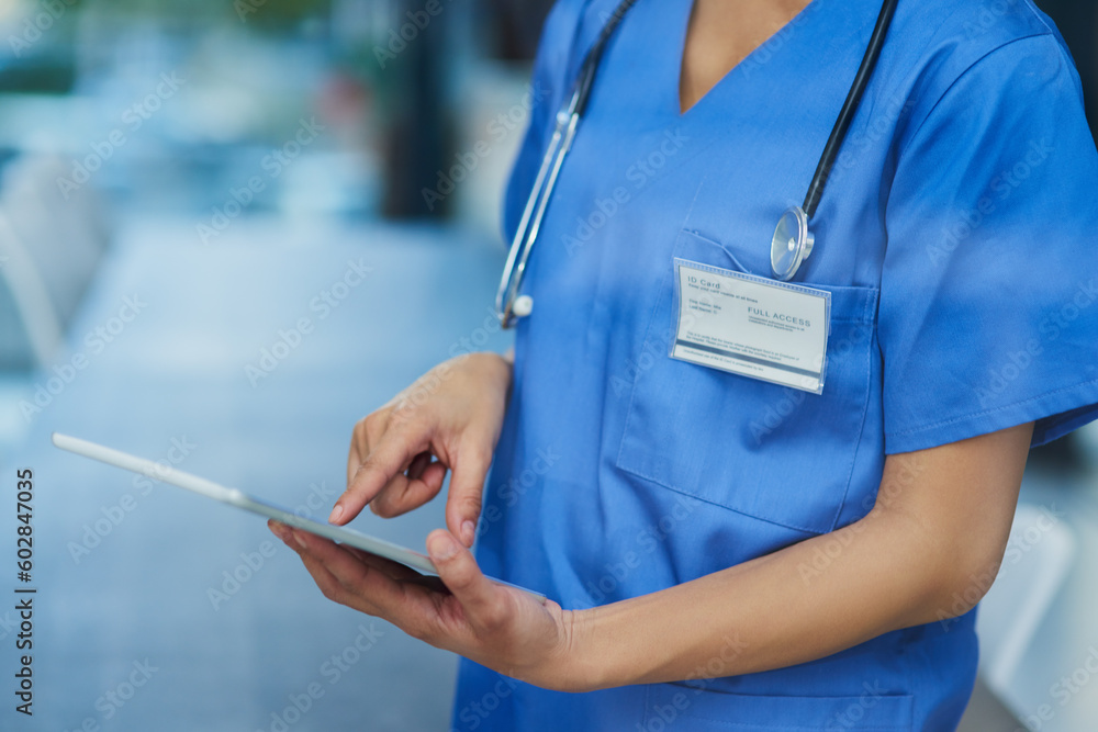 Nurse, hands and tablet, woman check digital healthcare information and ...