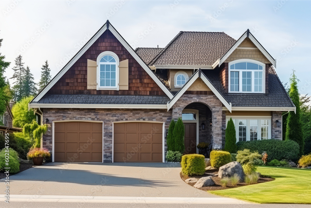 House with two car wooden garage. Front view Stock Illustration | Adobe ...