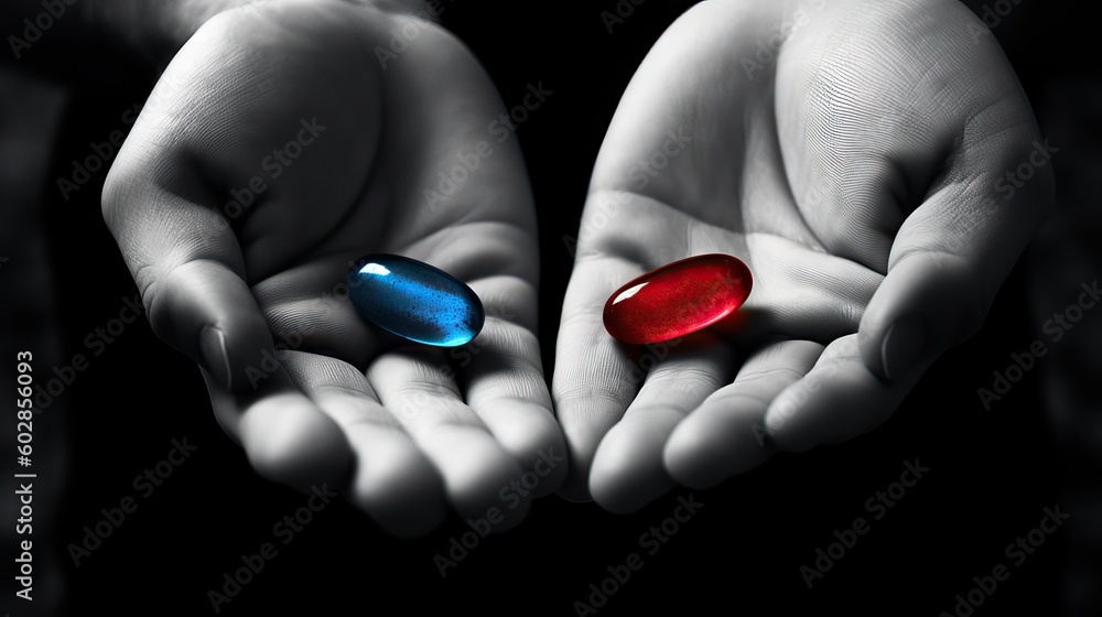 "Red pill or blue pill, which do you choose?" showing two open hands, one holding a red capsule ...