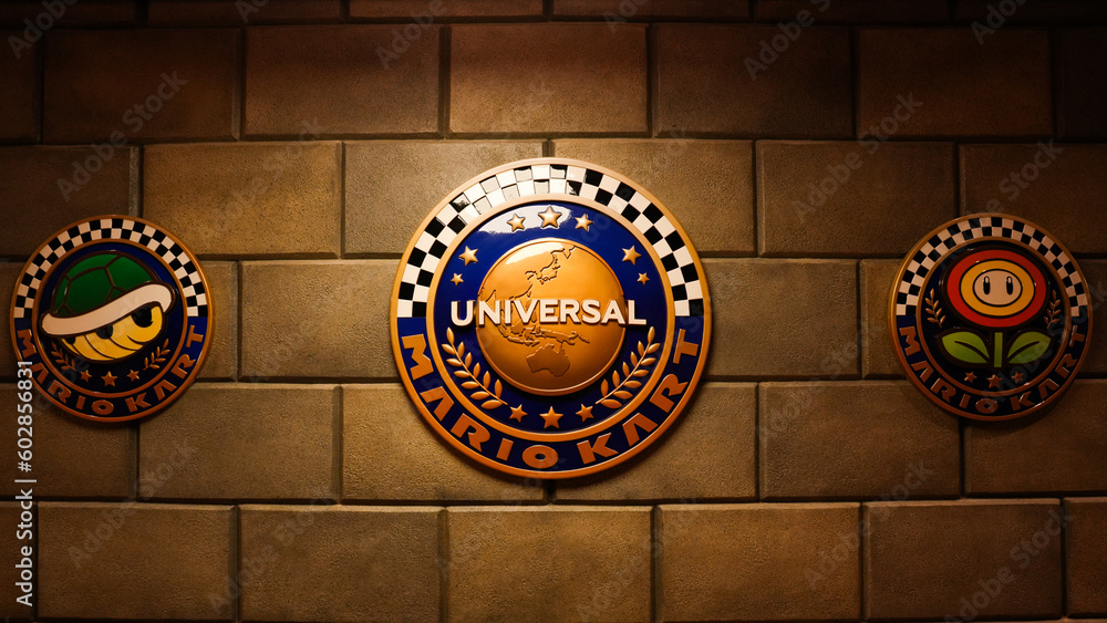 Japan - April 03, 2023: Three gold emblem of Mario Kart racing game ...