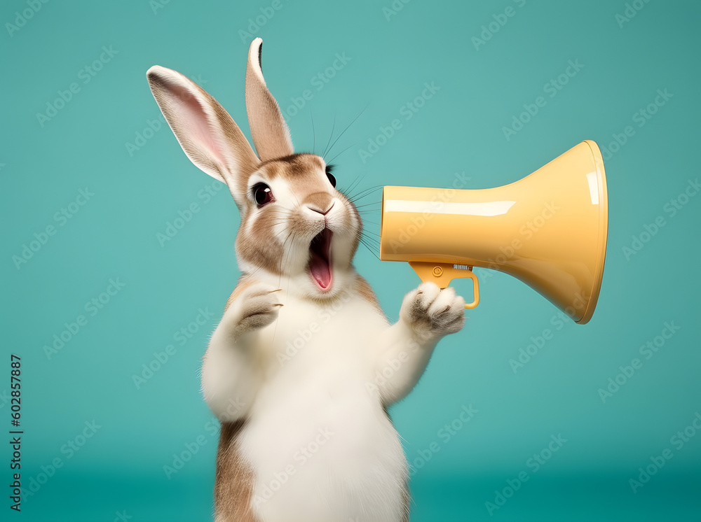 Rabbit announcing using hand speaker. Notifying, warning, announcement ...