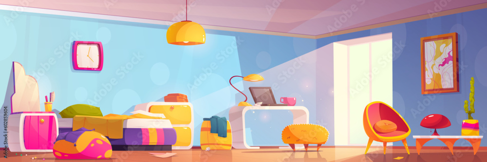 Groovy room vector interior design background. Girl home bedroom inside ...