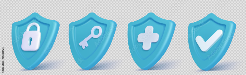 Realistic set of blue security shield icons isolated on transparent ...