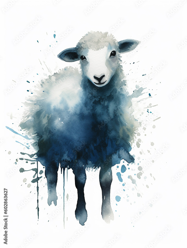 Watercolor illustration of a blue sheep on a white background. Digital ...