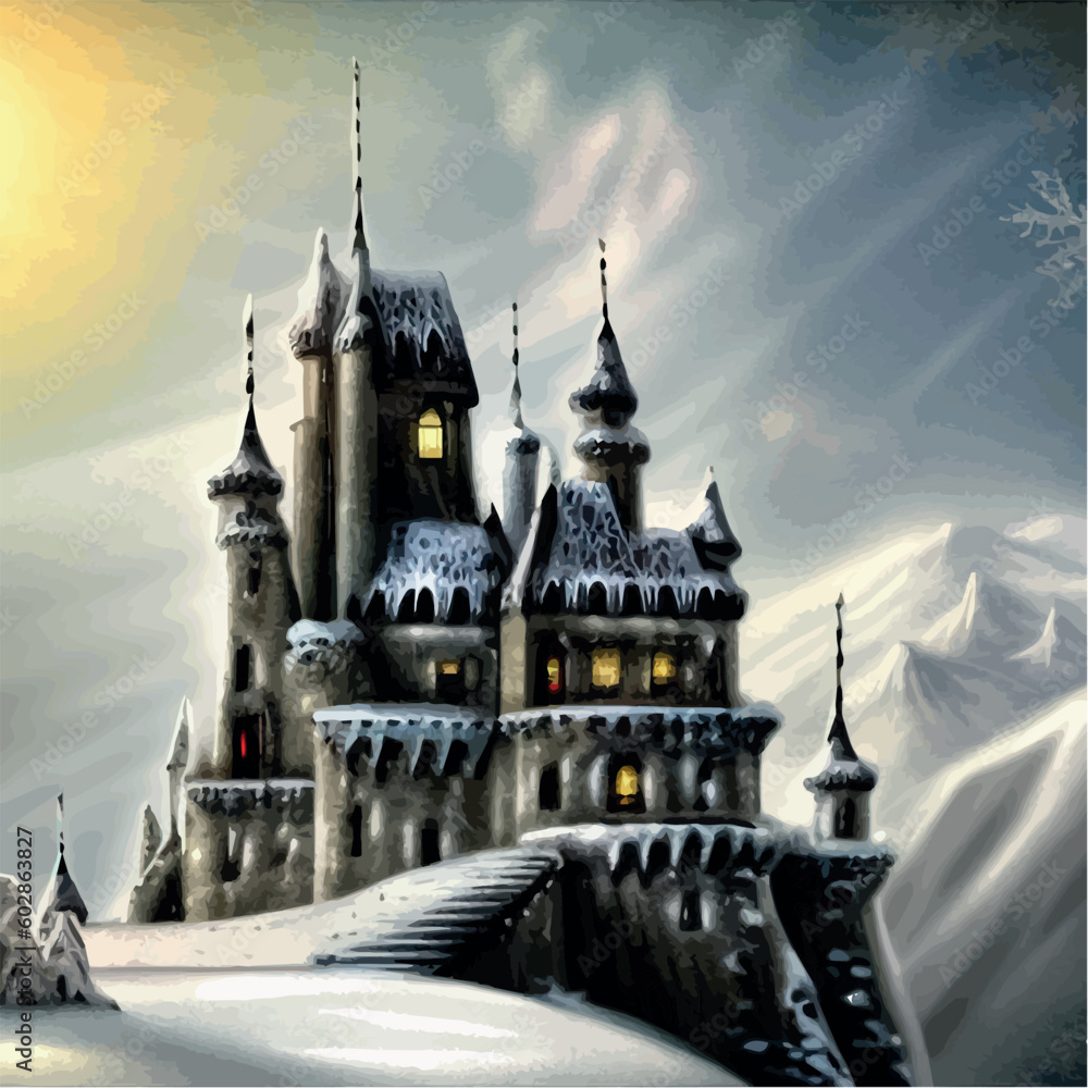 Fantasy background with mysterious medieval castle in snowy hills ...