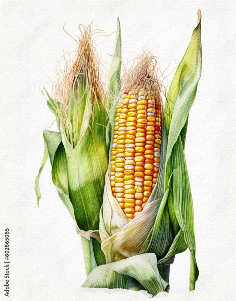 watercolor drawing of vegetables, healthy food, vegetarian food, corn ...