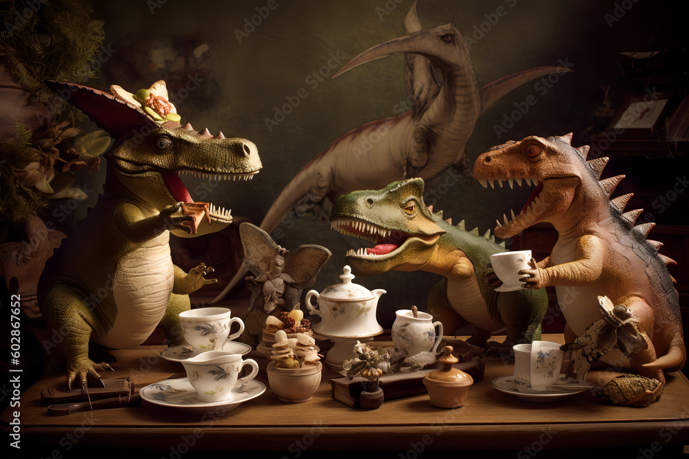 A dinosaur tea party, with a Tyrannosaurus Rex delicately sipping tea ...