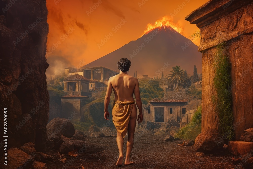 Ancient greek volcano eruption tropical village. Generate Ai Stock ...