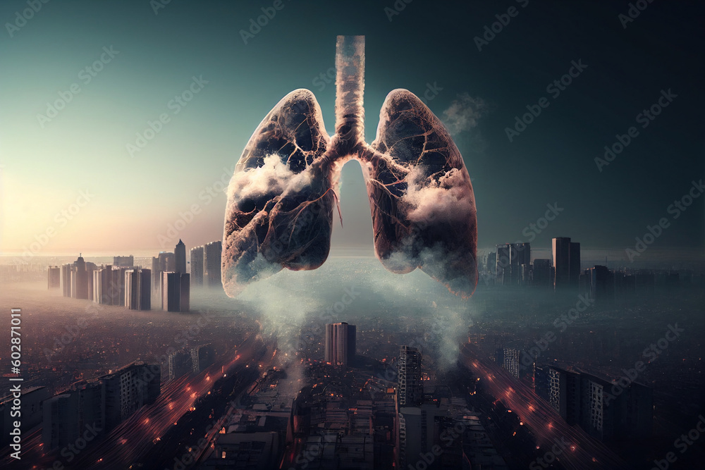 a city unhealthy, Unhealthy lungs breathing smoke and pollution from an ...